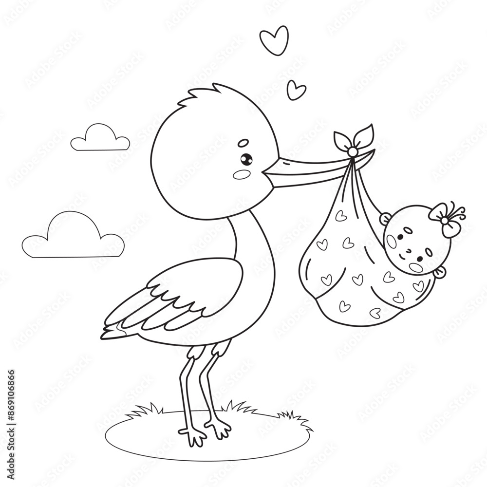 Cute stork with newborn baby girl. Vector illustration. Outline cartoon ...