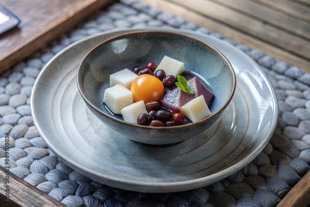 Japanese Anmitsu, A bowl of anmitsu with agar cubes, fruit, and red ...