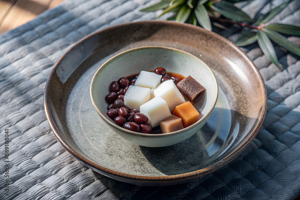 Japanese Anmitsu, A bowl of anmitsu with agar cubes, fruit, and red ...