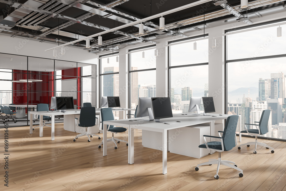 Modern office interior in a high-rise building, featuring large windows ...