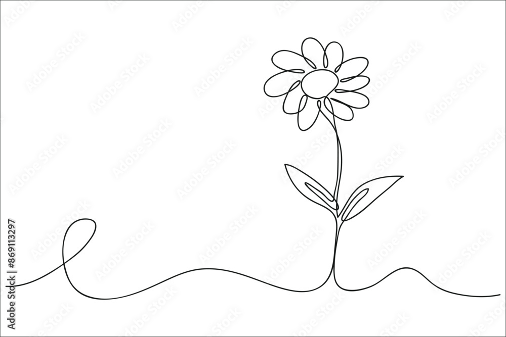 Continuous single line drawing of daisy flower, line art vector ...