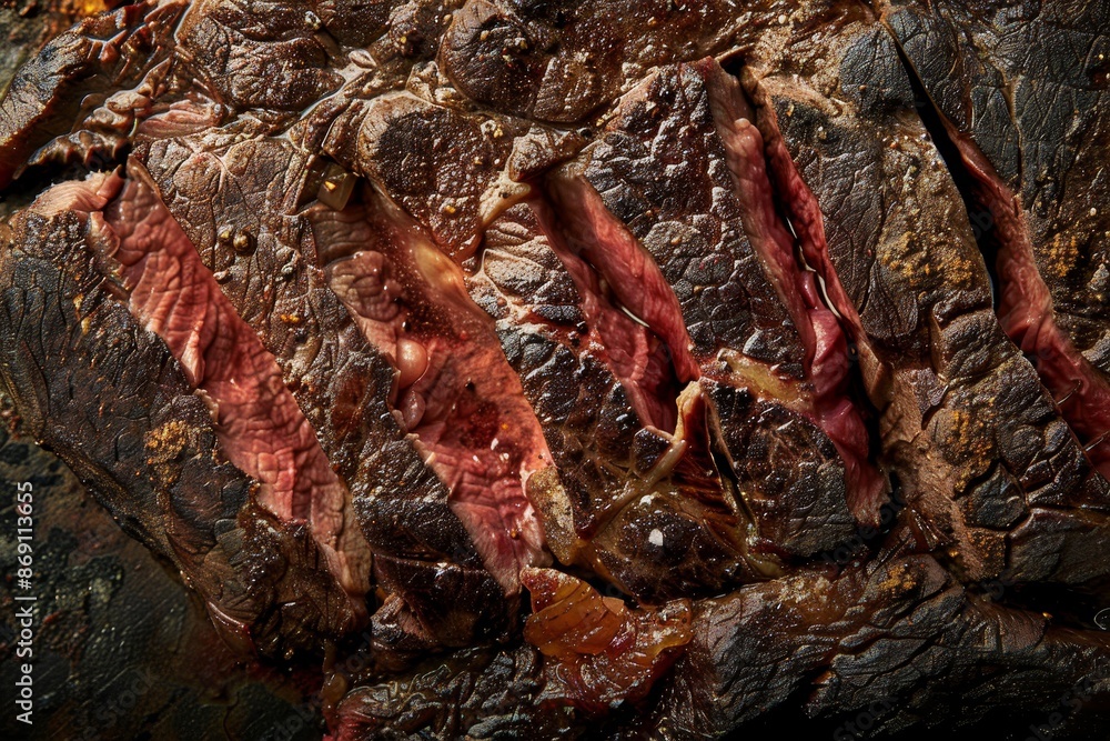 A detailed view of a steak sizzling on a grill, with grill marks and ...