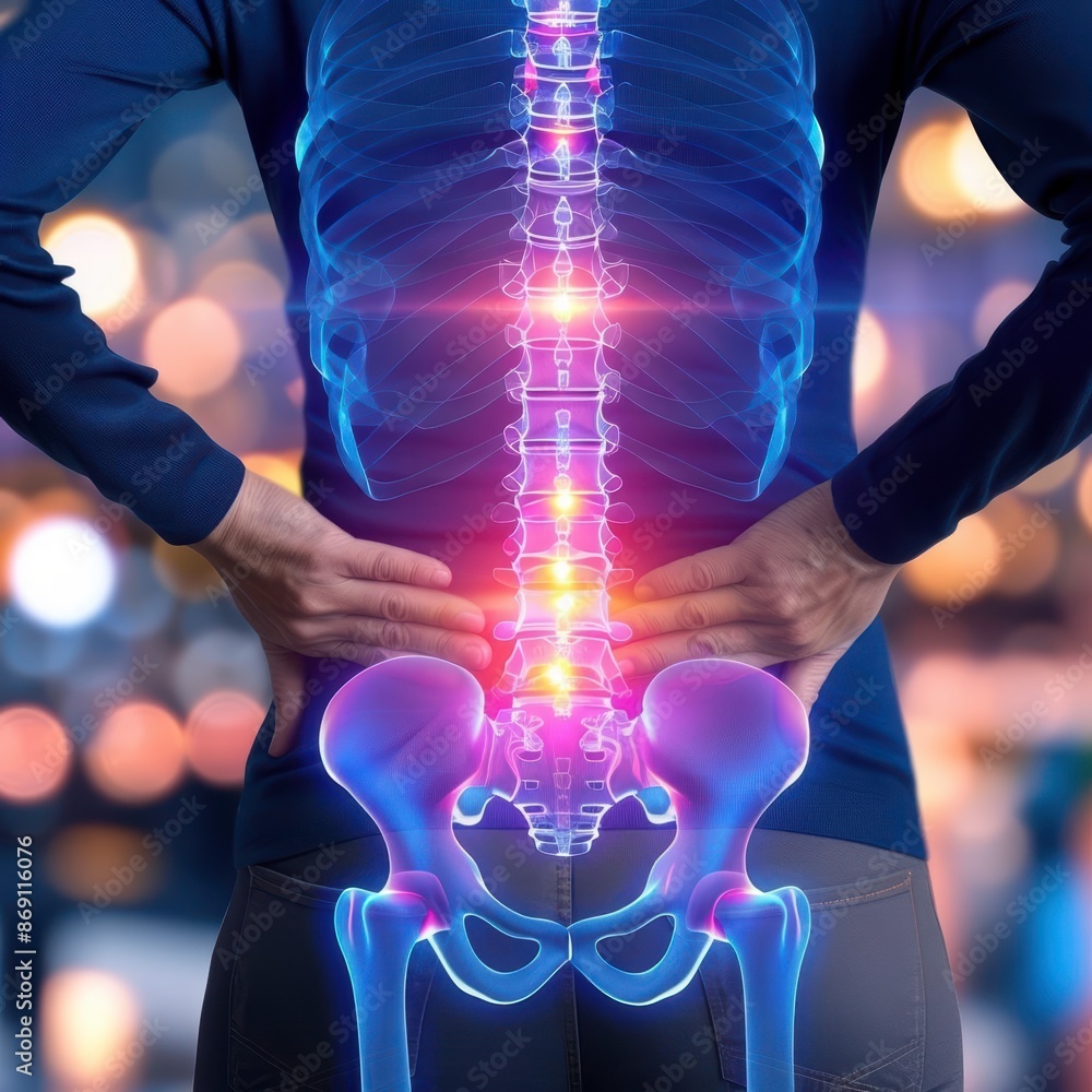 Person experiencing lower back pain with an overlay of the spinal ...