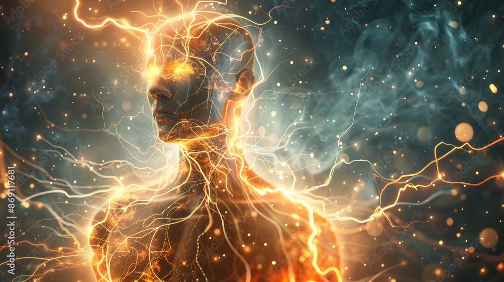 Human body with dynamic electric streams and light bursts, illustrating ...