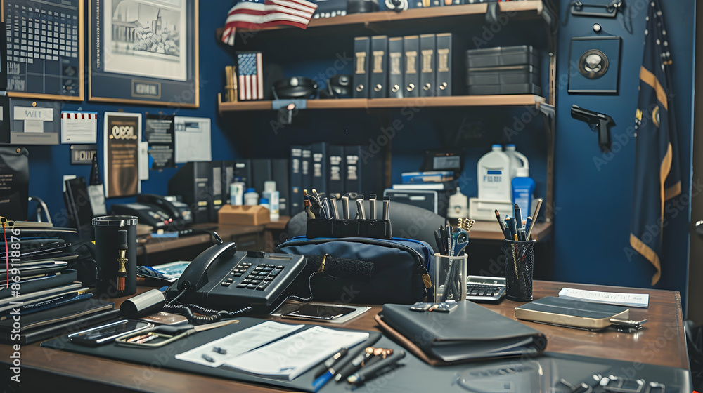 Navy Blue Police Officer's Workstation: Organized desk with crime scene ...