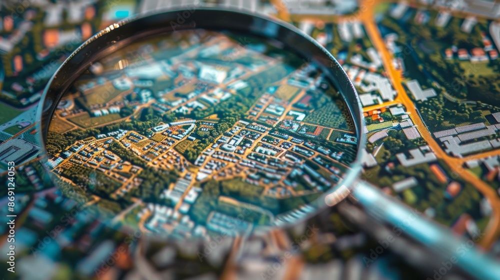 A magnifying glass rests on a detailed city map, focusing on a bustling ...