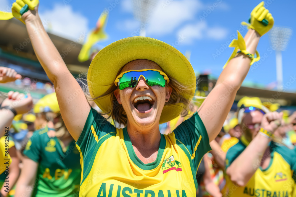 Energetic Celebration by Australian Cricket Enthusiasts. A spirited ...