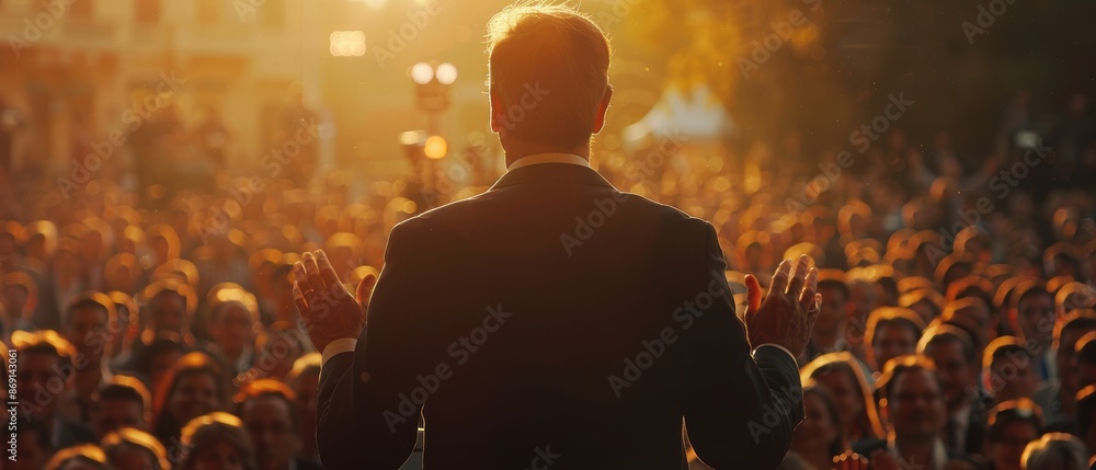 Dynamic Politician Rallying Crowd on Outdoor Stage in 8K UHD Resolution ...