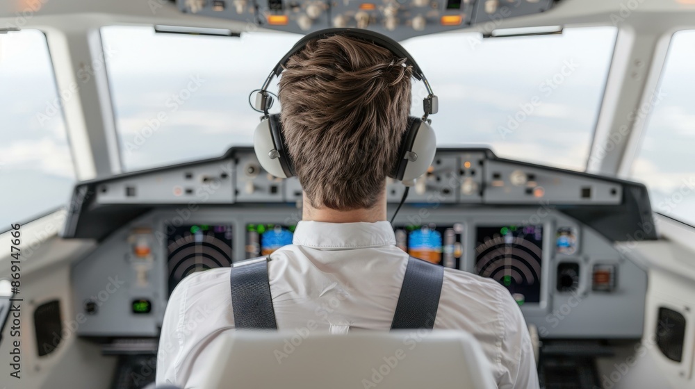 young caucasian male pilot flying airline plane, back view portrait ...
