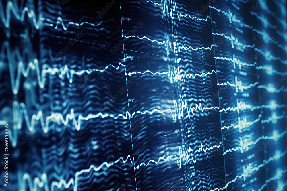 Electroencephalogram (EEG) waveform display in shades of blue showing ...