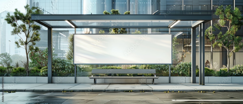 a modern bus stop with a large blank advertisement board in an urban ...