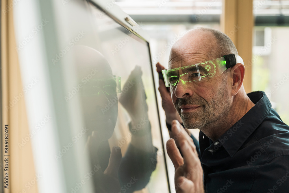 Confident businessman wearing smart glasses examining screen in office ...
