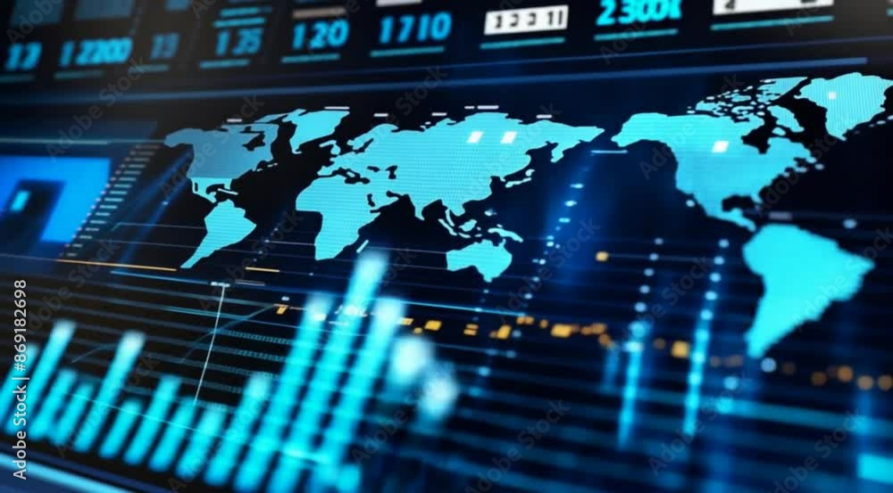 A digital display featuring a world map with various data points and ...