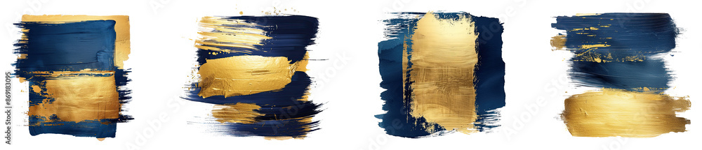 Set of gold and navy blue watercolor splashes brush strokes, Elements ...