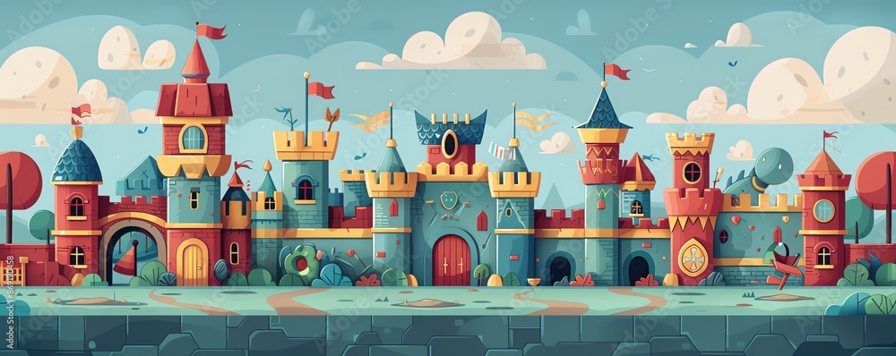 Cartoon illustration of a magical castle with multiple towers, flags ...