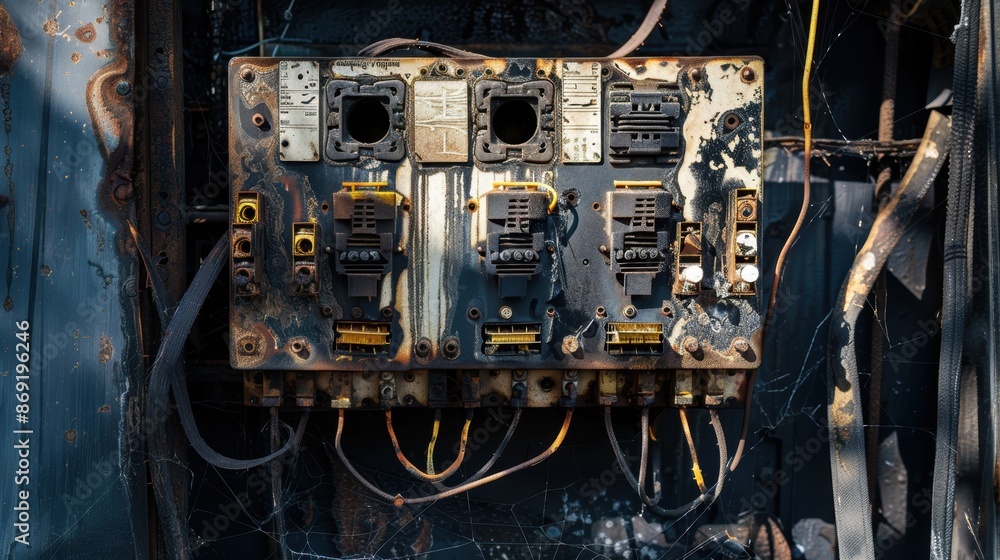 Burnt electrical panel with melted wires, electrical fire hazard ...