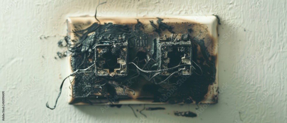 Charred electrical outlet with melted wires, electrical fire hazard ...