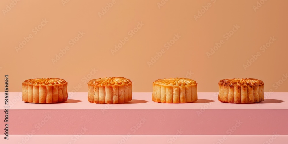 Four traditional mooncakes arranged in a neat row on a pastel ...