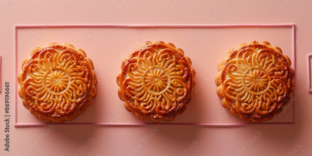 Four traditional mooncakes arranged in a neat row on a pastel ...