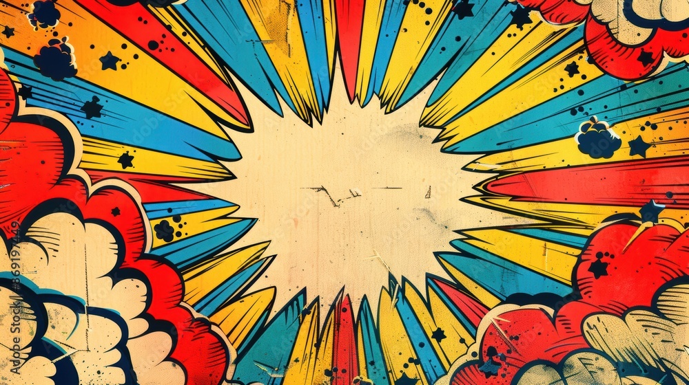 Comic book explosion backdrop on a superhero party invite, colorful ...