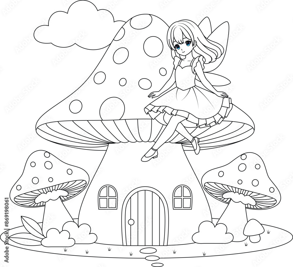 Cute kawaii fairy sitting mushroom house outline coloring page for kids ...