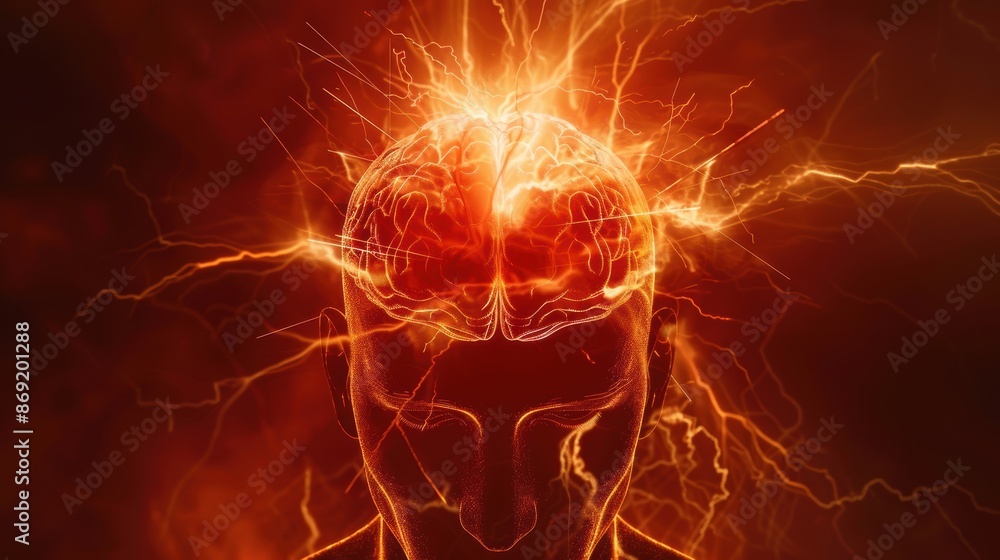 Representation of brain pain with a pulsating red glow around the head ...