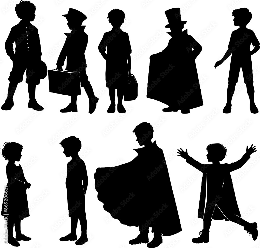black and white silhouettes of children playing roles in the theater ...