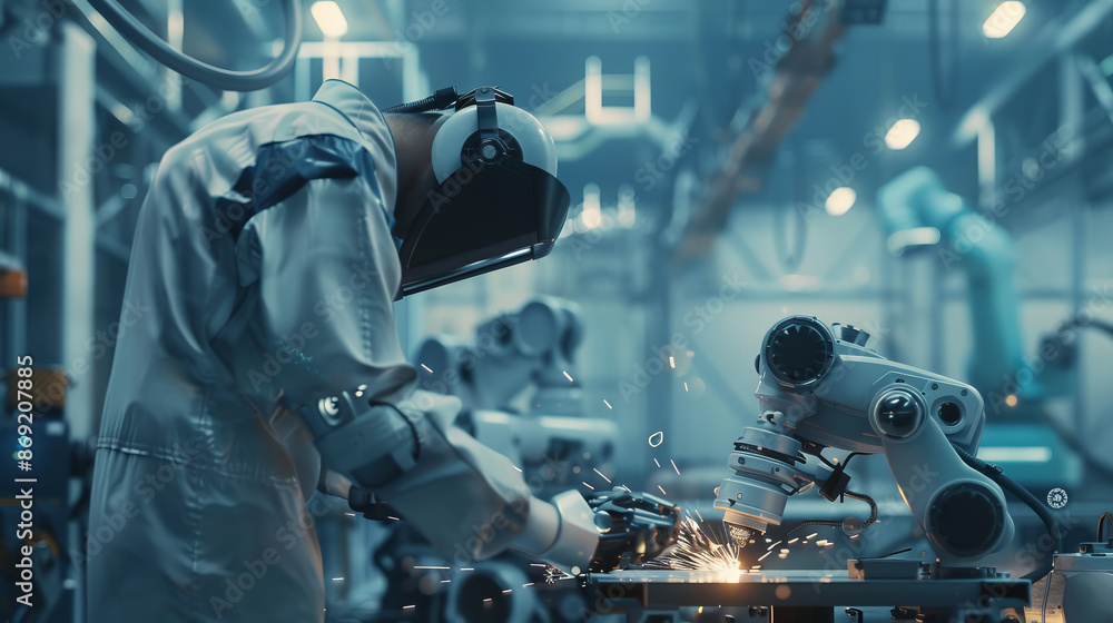 In modern production, the operator controls a laser welding manipulator ...