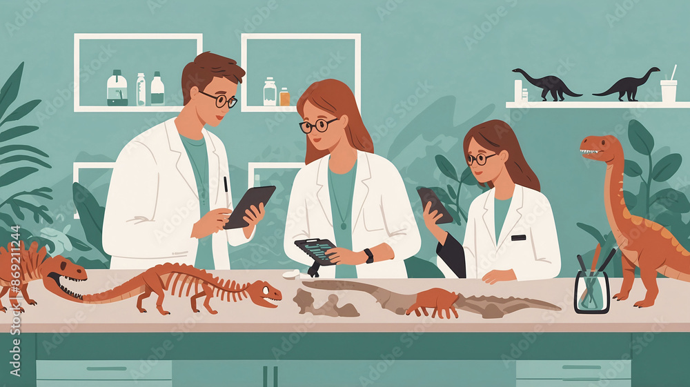 Paleontologist and scientist working in lab with dinosaur bones and ...