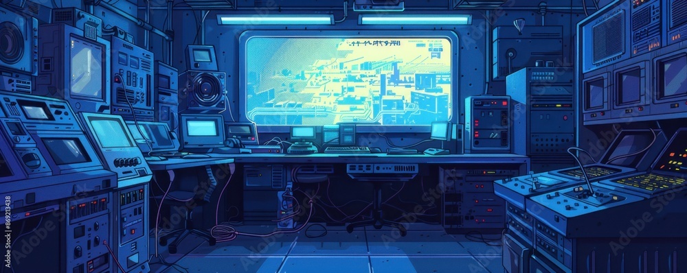 Retro blue background with pixel art textures and vintage computer ...