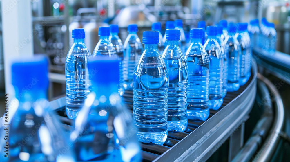 Process of mineral water manufacturing on a conveyor belt at a huge ...