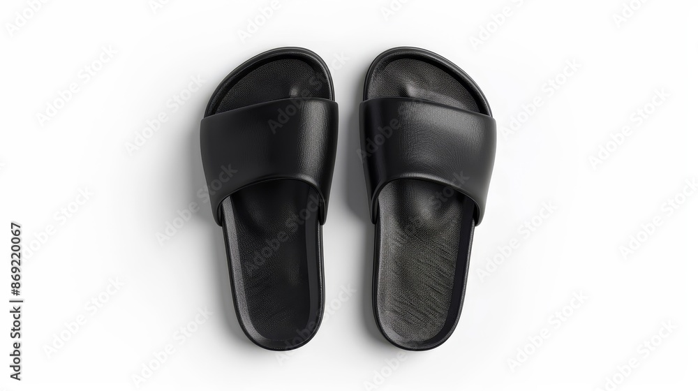 An isolated set of black slip-on sandals on a white backdrop. A blank ...