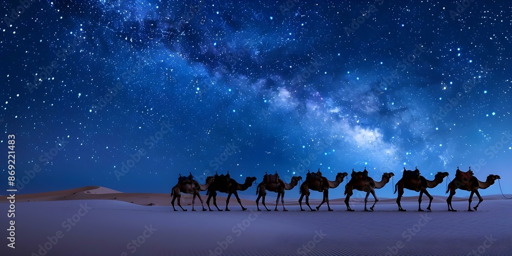 Caravan of camels trekking through white desert under starry night sky ...
