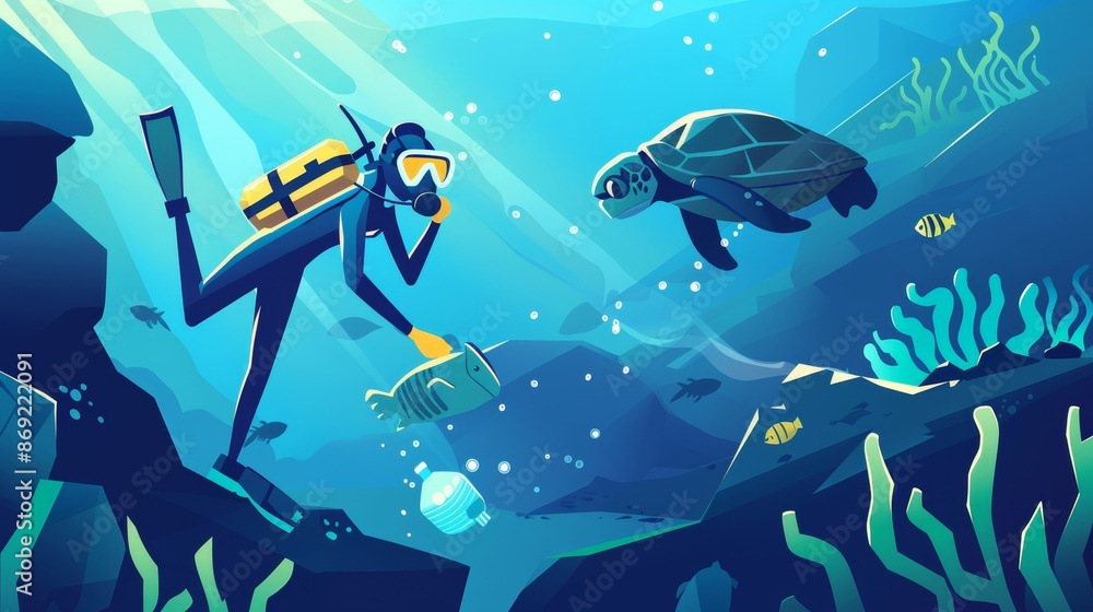 Save our ocean, protect ecology, pollution concept, cartoon ...