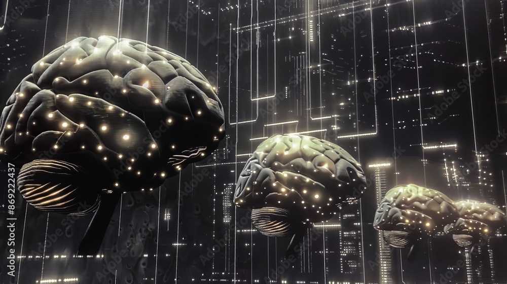 Camera zooms into one holographic brain scan, transitioning to an immersive 3D flythrough of ...