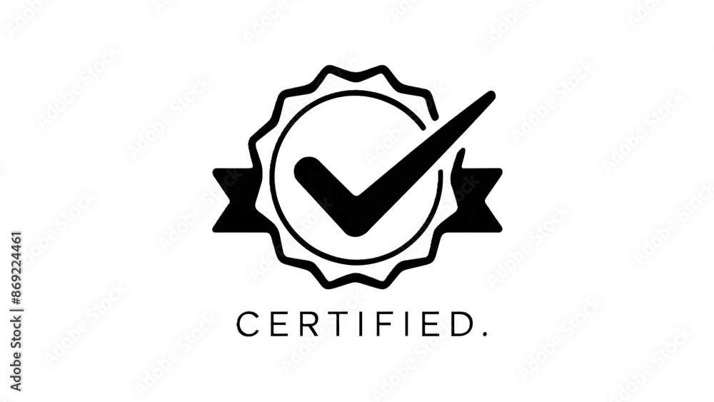 A stylized, transparentribbon-like emblem with a tick mark in the ...