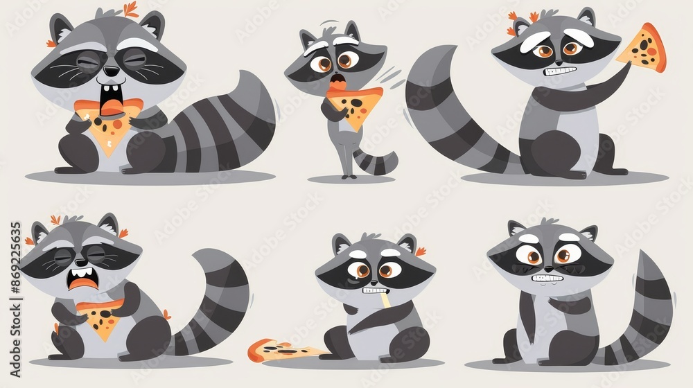 A cute racoon mascot in a variety of poses. Cartoon set of funny comic ...
