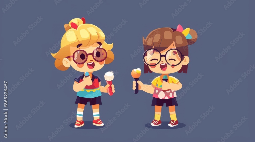 Cartoon set of two little girls singing with microphone and maracas for ...