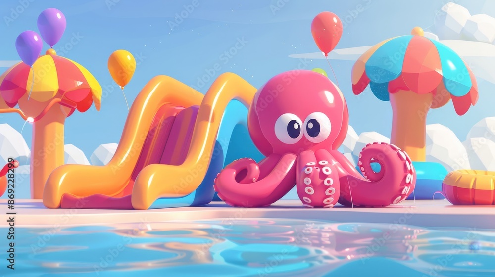 Modern cartoon illustration of waterpark with pools and slides. Bright ...