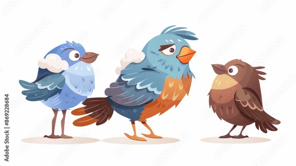 Cartoon pigeons and sparrows with wings and beaks. Modern illustration ...