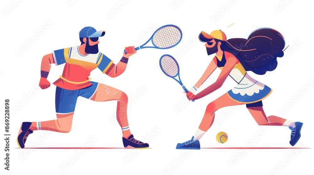 Characters with racket and ball. Illustration set of a man and woman ...