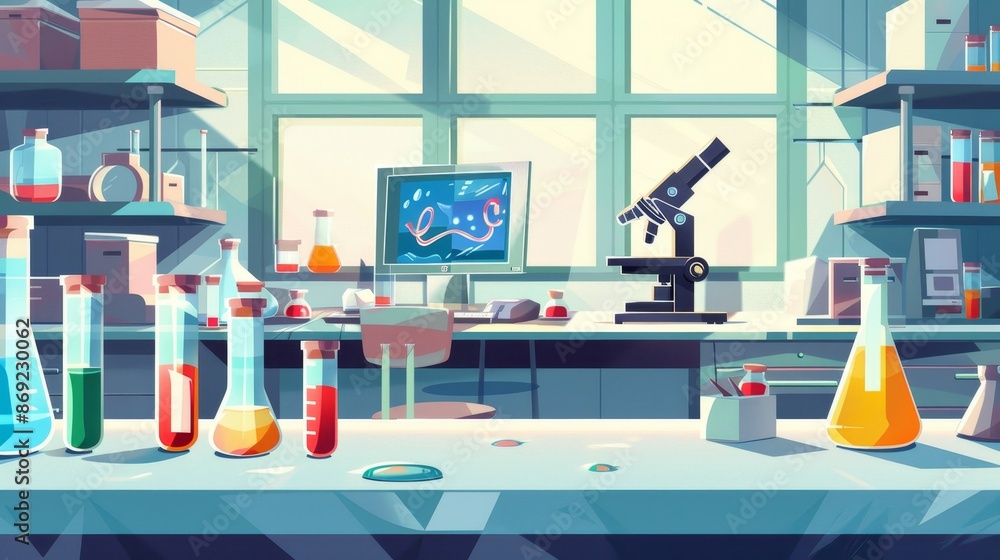 Interior of a chemical laboratory. Contemporary cartoon illustration of ...