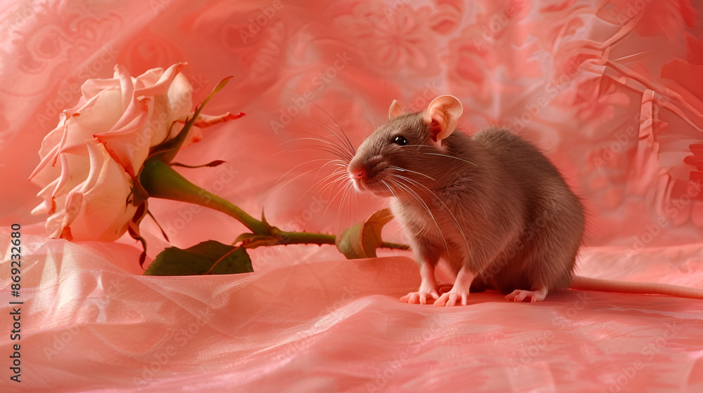 Cute dumbo rat, standing on hind legs behind pink fake flower, Looking ...