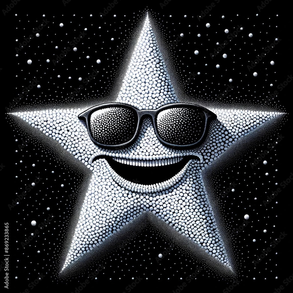 ภาพประกอบสต็อก Smiling Star with Sunglasses in Pointillism - Black and ...