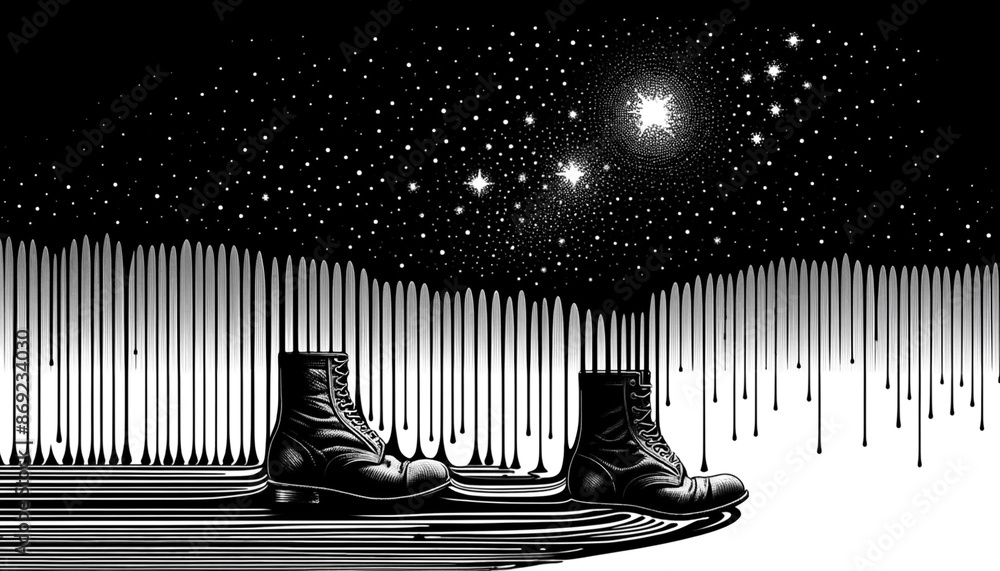 Pointillism Boots and Stars Nightscape - An artistic black and white ...
