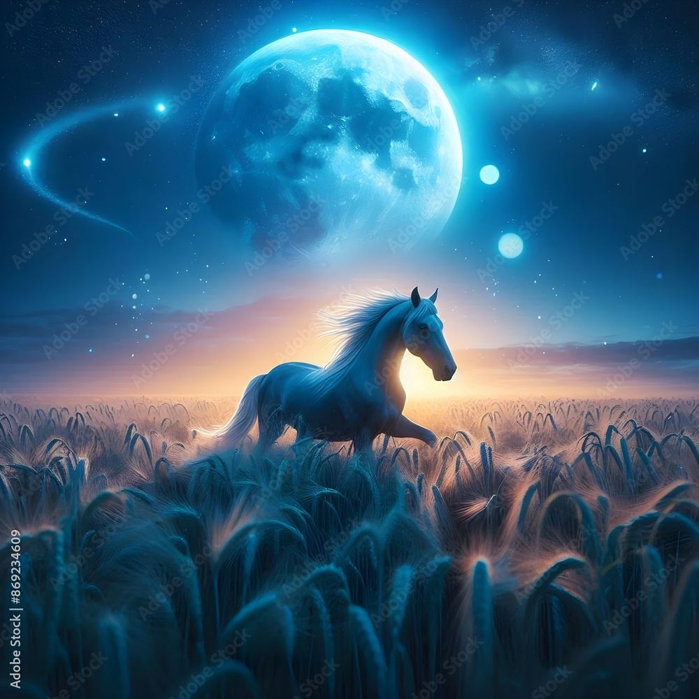 Graceful White Horse Standing in a Harvested Barley Field Under the ...