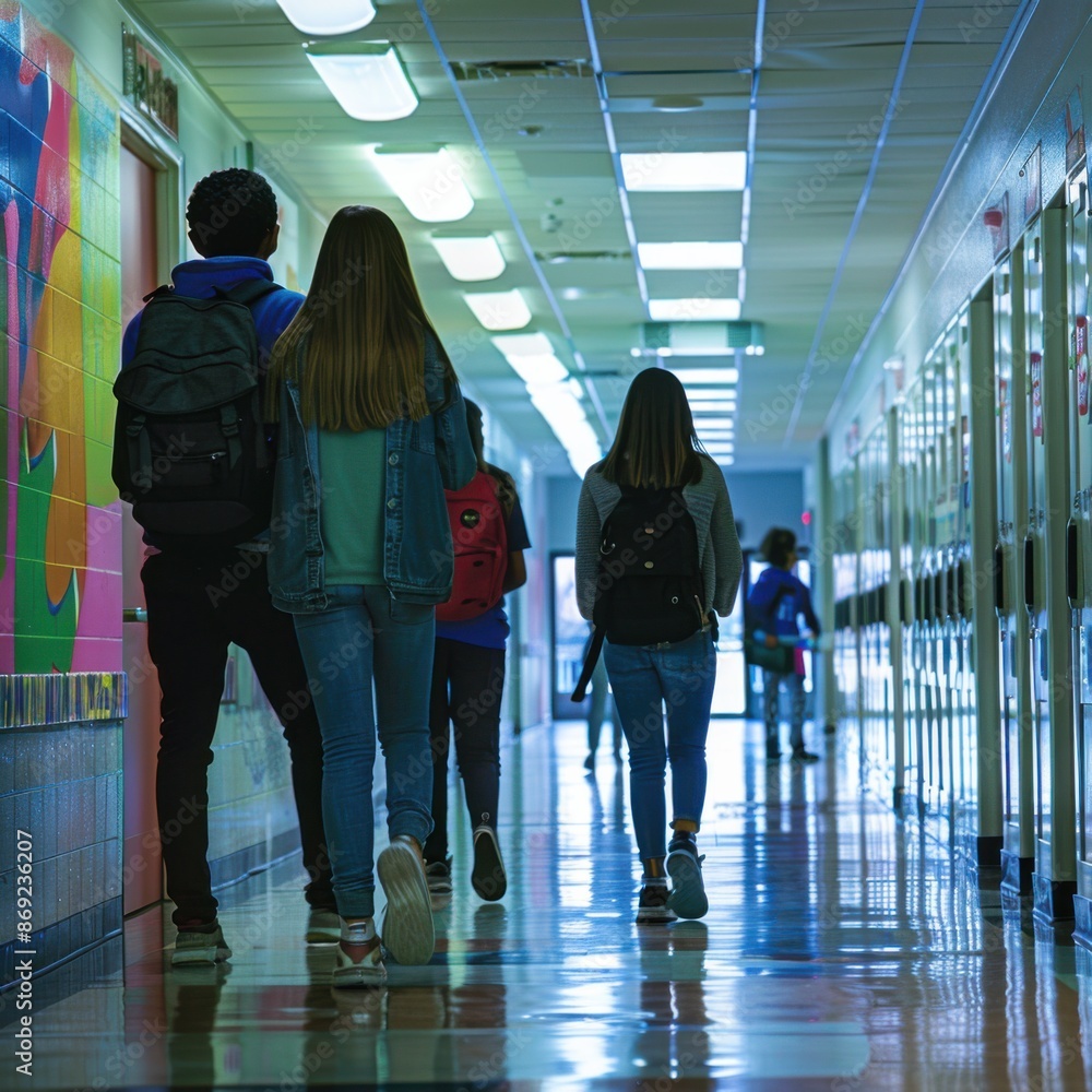 Anti-bullying campaign poster on a school hallway wall. Bright ...