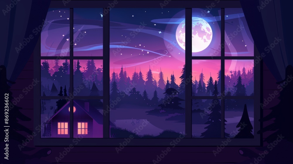 An illustration of a home window looking out towards a night landscape ...