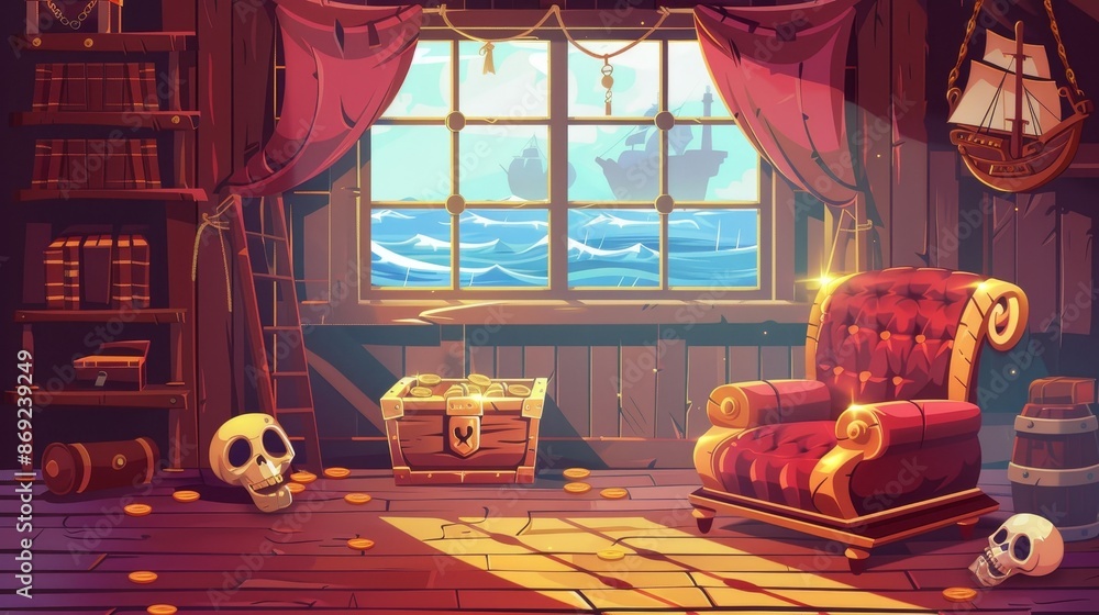 Cartoon illustration of an old wooden room with a large window, vintage ...