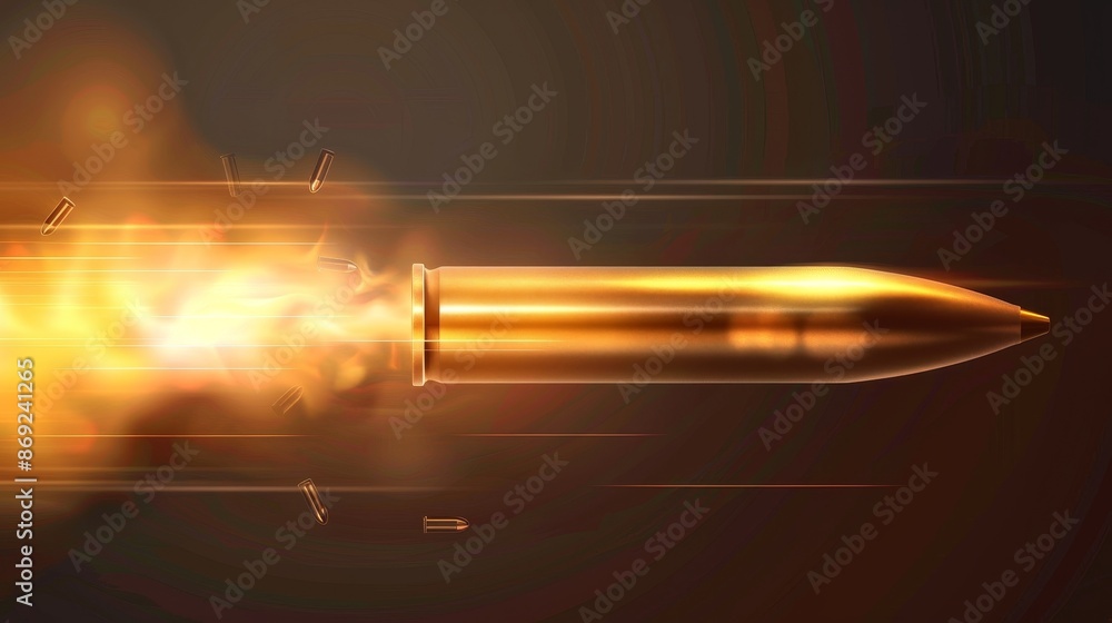 Realistic isolated military ammunition fast gunshot flight with flame ...